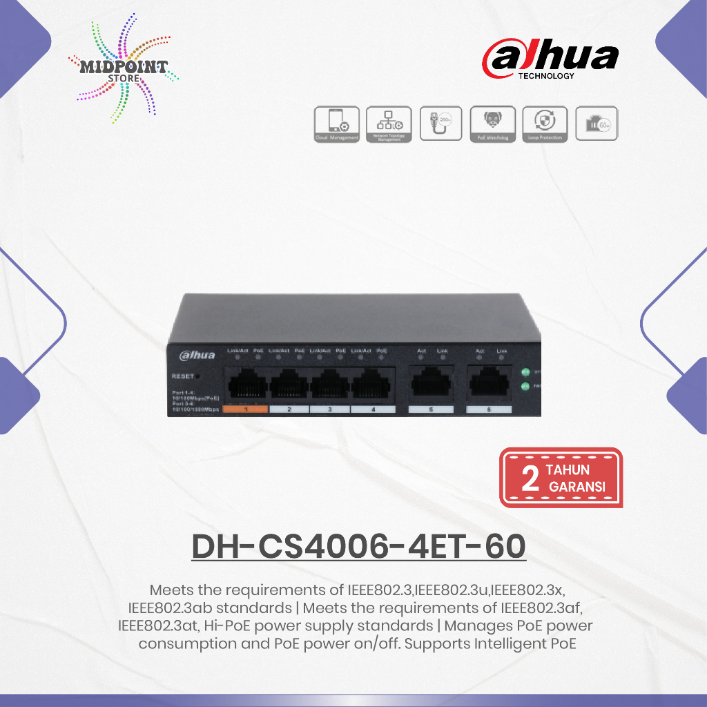 Jual Dahua DH-CS4006-4ET-60 Cloud Managed Desktop Switch POE 4 Port + 2 ...