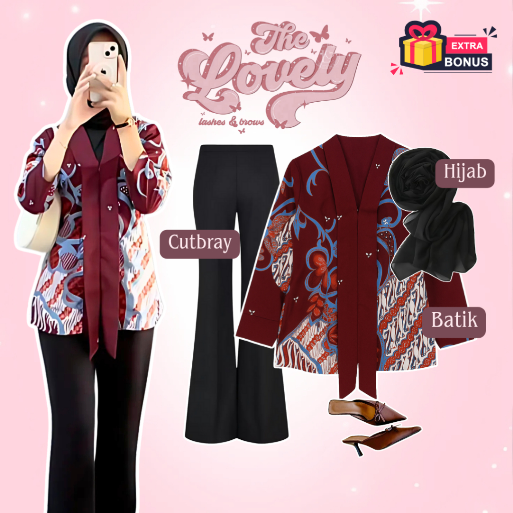 Jual One set 3in1 Outfit Outer kemeja batik merah maroon celana cutbray scuba hitam hijab bella ...