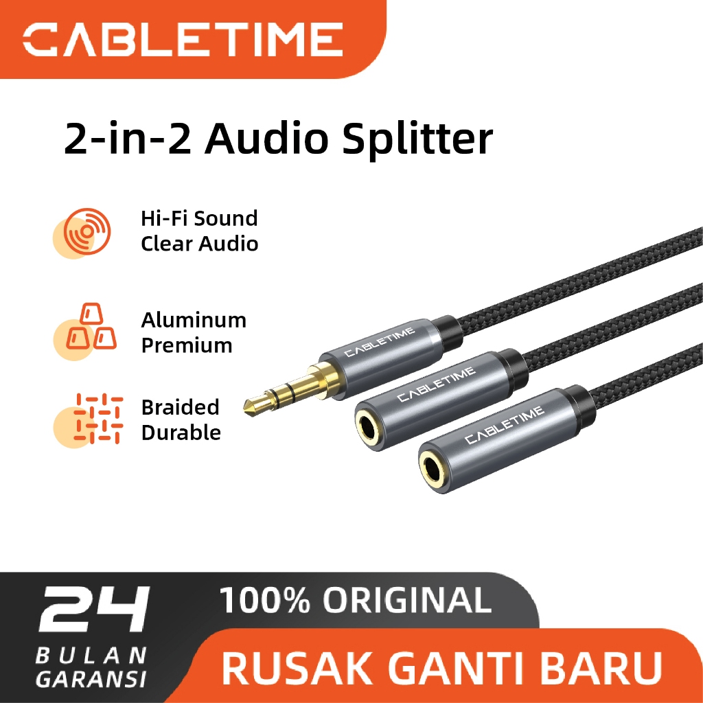 Jual CABLETIME Kabel Splitter Audio Aux 3.5mm to 2 Aux Female Braided ...