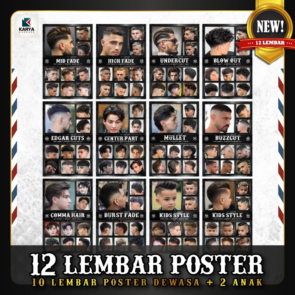 Jual Paket 12 Pcs Poster Besar Hairstyle Catalog Barbershop / Pangkas ...