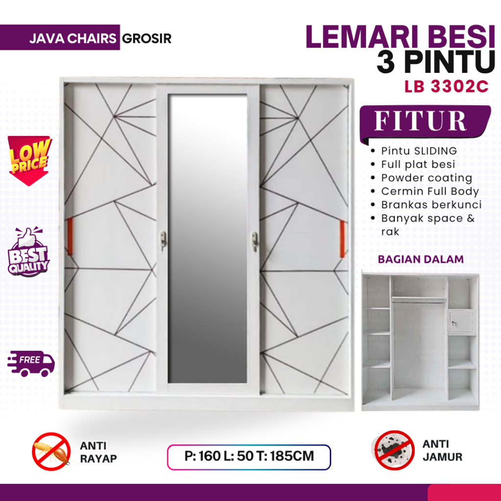 Jual Lemari Pakaian Besi 3 Pintu Sliding 160 cm, Lemari Besi Sliding, Lemari Baju Besi Anti ...