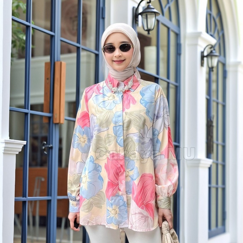Jual Kemeja Motif Bunga Wanita Lengan Panjang Baju Atasan Kasual Forma ...