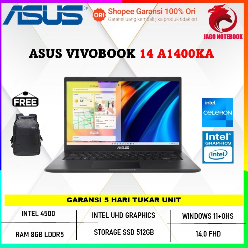 Jual ASUS VIVOBOOK 14 A1400KA N4500 8GB 512GB W11OHS 14.0FHD BLIT BLK ...