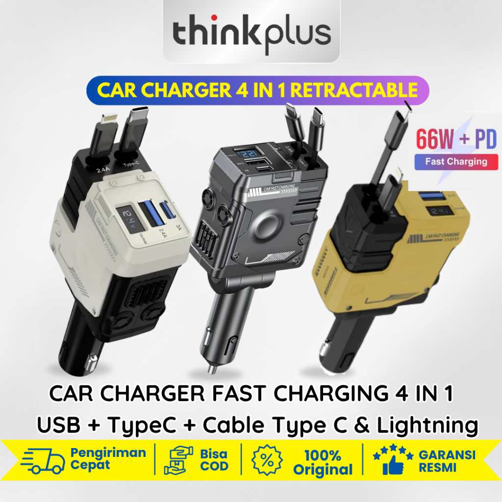 Jual Thinkplus Car Charger 4 in 1 Fast Charging Retractable Cable Type C Dan Iphone Colokan ...
