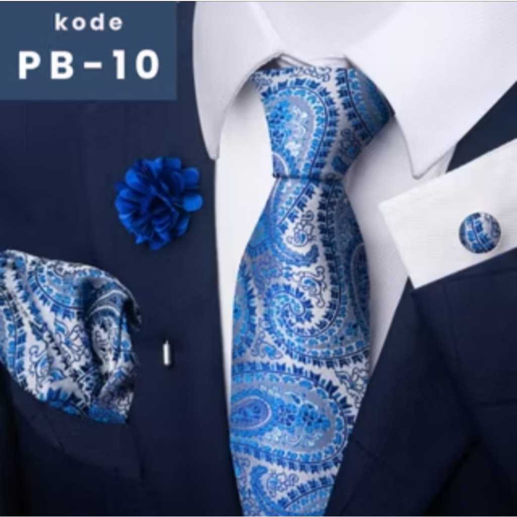 Jual Dasi Panjang Set Dasi + Bros Bunga + Saputangan Warna Biru Senada ...