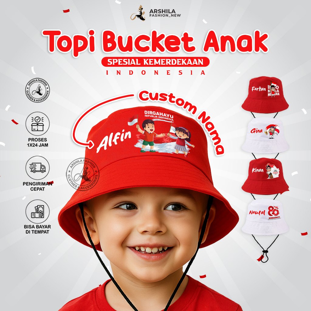 Jual TOPI BUCKET MERAH PUTIH ANAK SABLON CUSTOM NAMA EDISI SPESIAL HUT ...