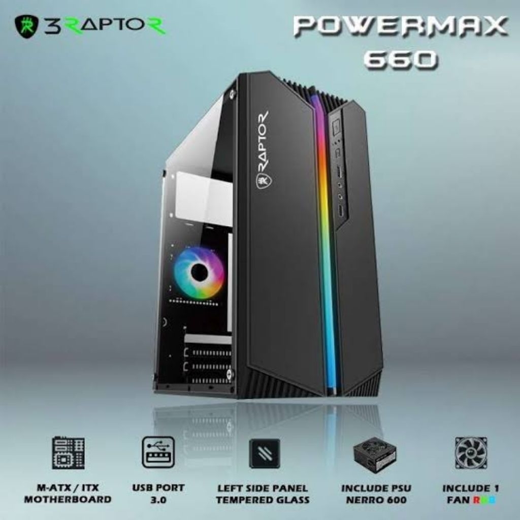 Jual CASING PC GAMING RAPTOR POWERMAX 660 INCLUDE PSU NERRO 600W ...