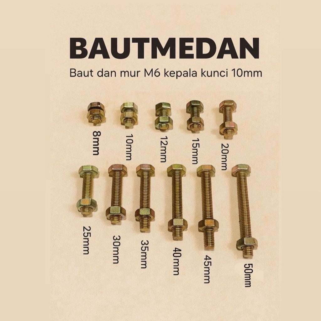 Jual Baut & Mur ukuran M6 panjang 10-50mm kepala k.10 | Shopee Indonesia