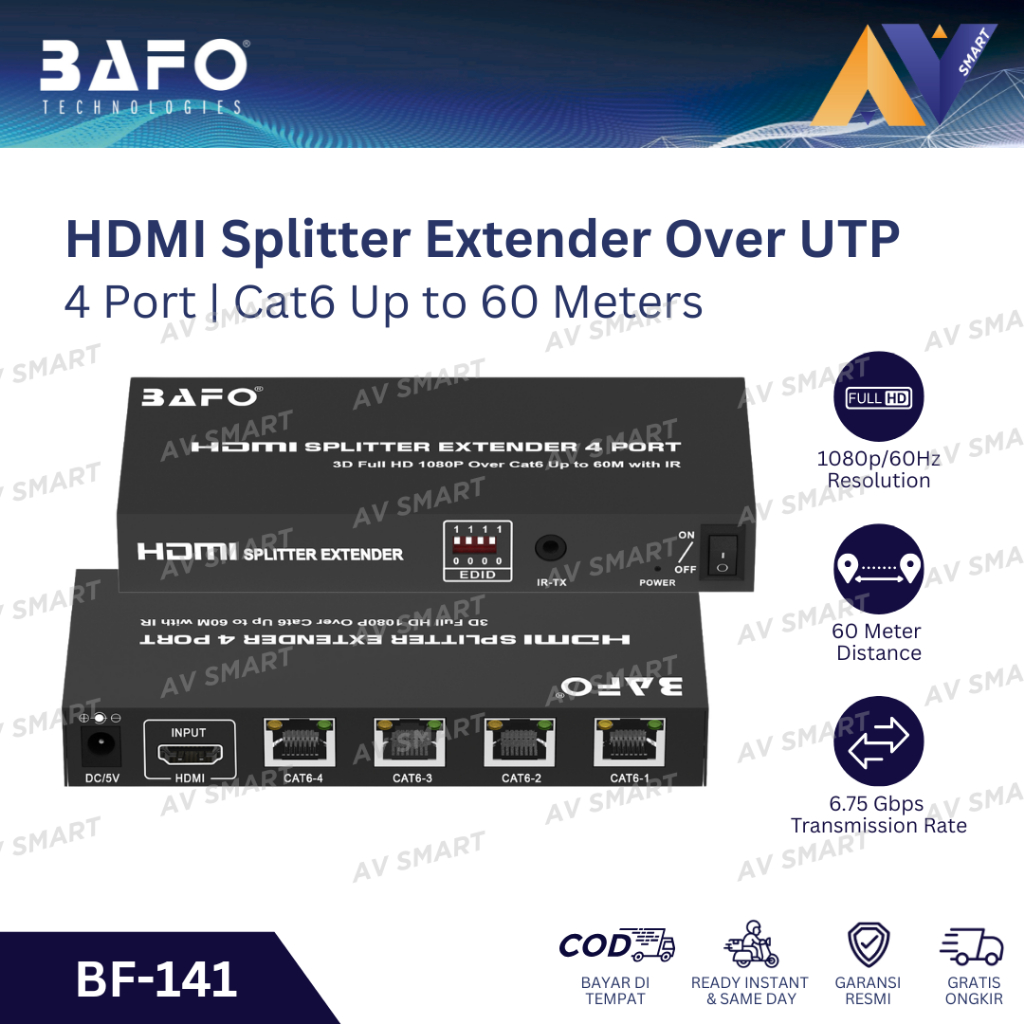 Jual BAFO HDMI Splitter Extender Over UTP Cat6 LAN Up to 60M Meter 4 Port BF-141 BF141 | Shopee ...