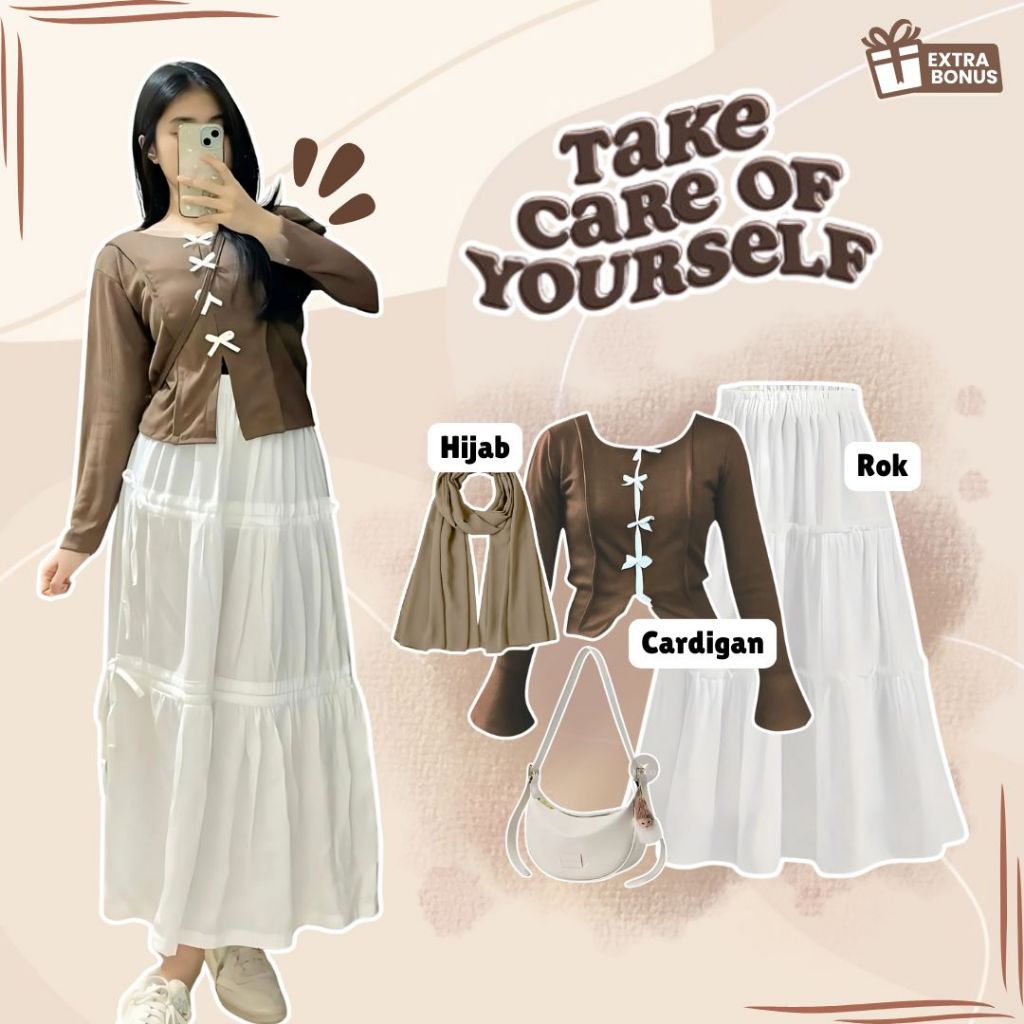 Jual one set 3in1 hijab pasmina jersey chocomilk + cardigan pita + rok susun | ootd outfit cewek ...