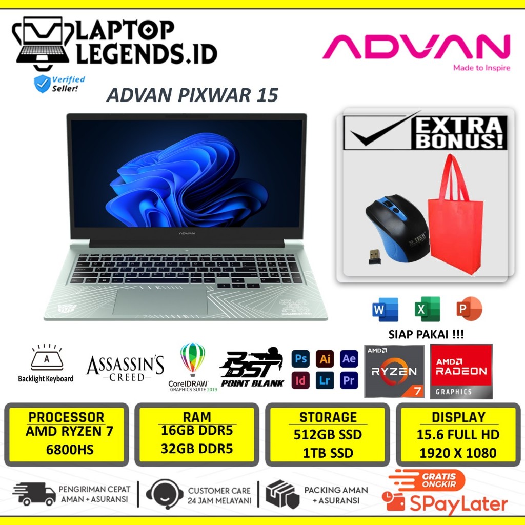Jual Laptop Advan Pixwar 15 Amd Ryzen 7 6800H 32GB 1TB SSD 15 Inch Full ...