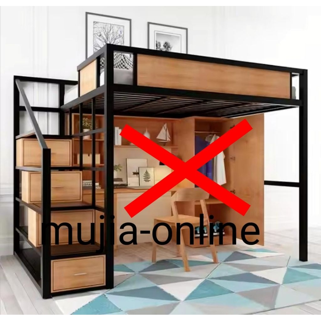 Jual Loft bed Costum 120x200cm ranjang besi tingkat mezzanine 4 laci ...
