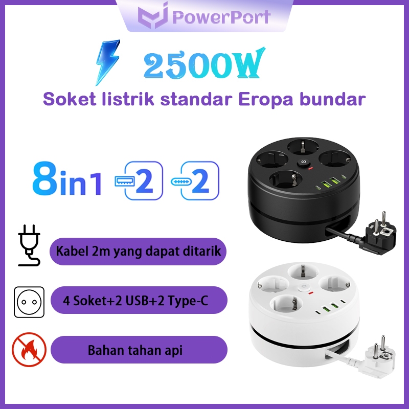Jual Powerport 2500W Soket standar Eropa 8 in 1 Power Strip Power Socket Stop Kontak 4Colokan ...
