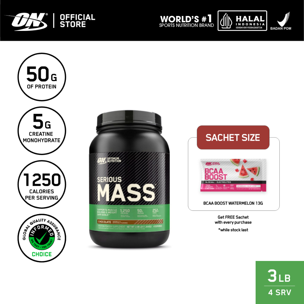 Jual Optimum Nutrition Serious Mass 3 lbs + BCAA Boost Sachet 13G ...