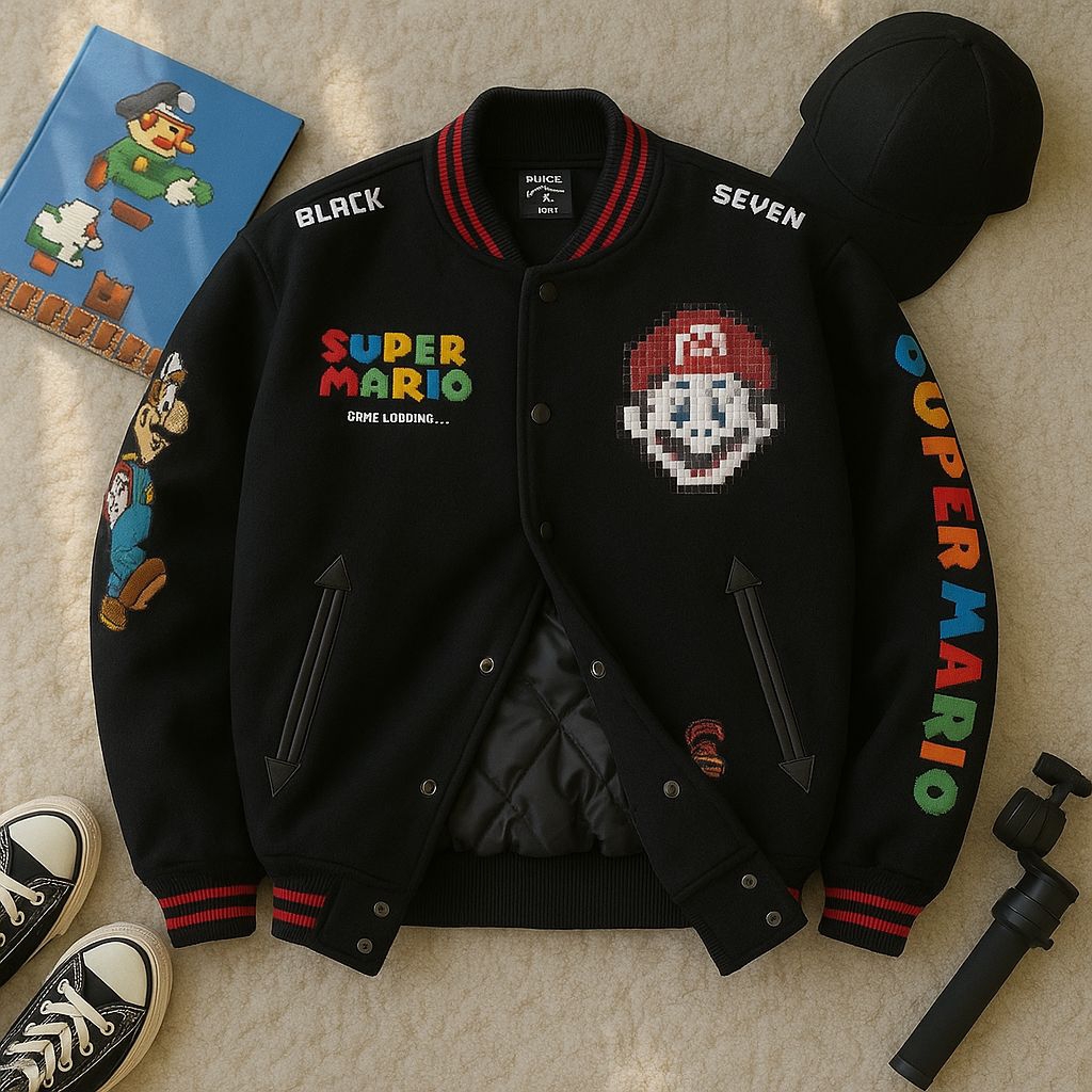 Jual Varsity Jacket SUPER MARIO BROS Black | Jaket Varsity Hitam Full ...