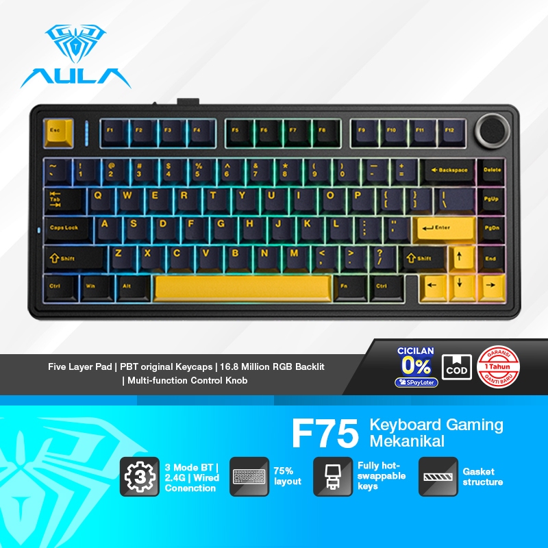 Jual AULA Mechanical Gaming Keyboard - 75% Layout Tri-Mode (USB-C/2.4G/Bluetooth),Gray Wood ...