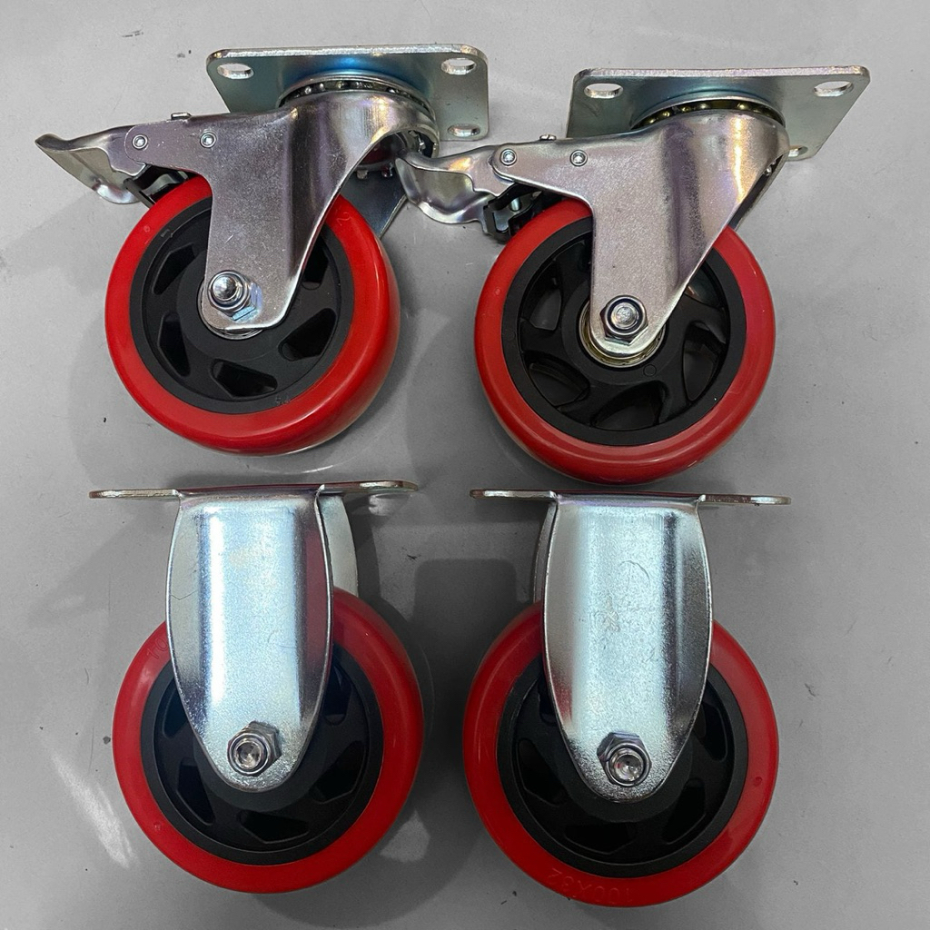 Jual roda troli pu 4 inch merah roda 1 set - 2pcs roda rem 2pcs roda ...