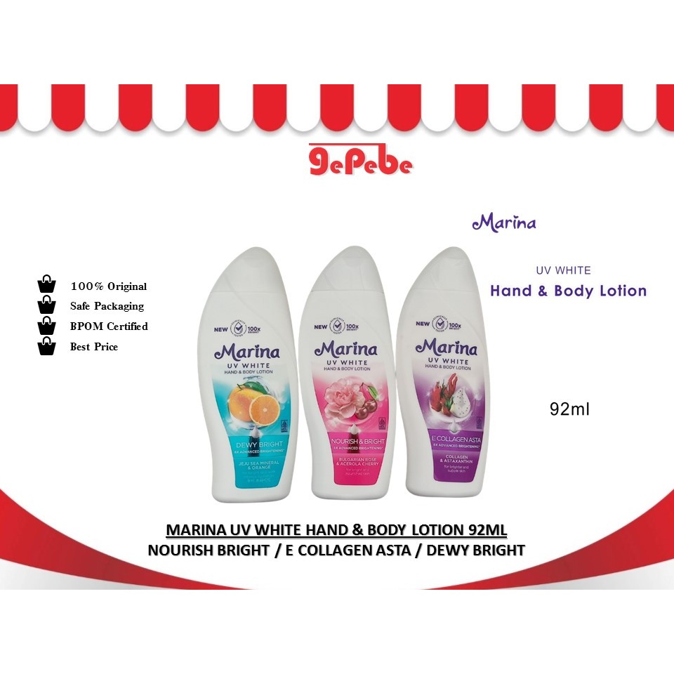 Jual Marina UV White Hand & Body Lotion 92ml Nourish Bright / E Collagen Asta / Dewy Bright ...