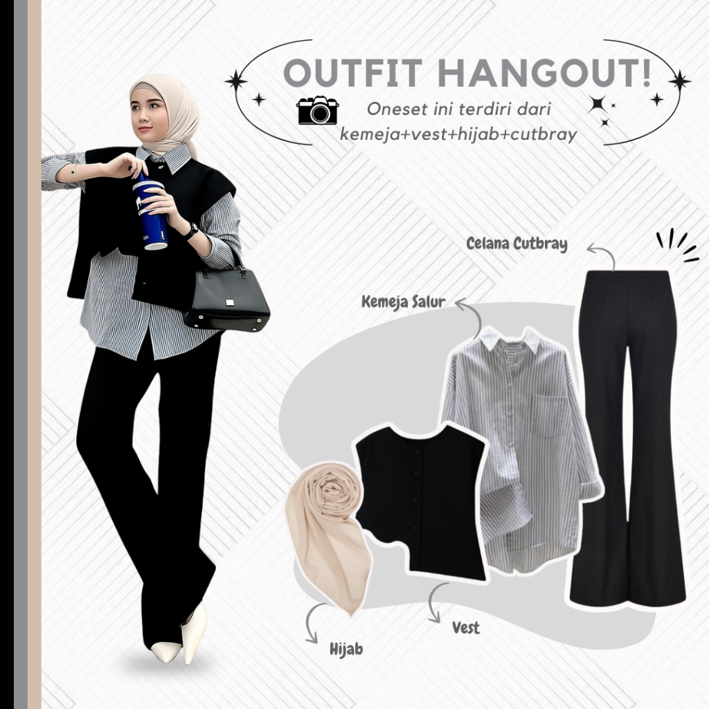 Jual One set Wanita Korean Style 3in1( Kemeja Salur, Vest Hitam ...