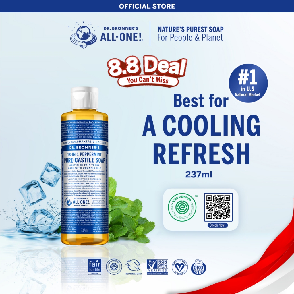 Jual Dr. Bronner's Liquid Soap Peppermint Pure Castile 237ml Sabun Cair Organik | Shopee Indonesia