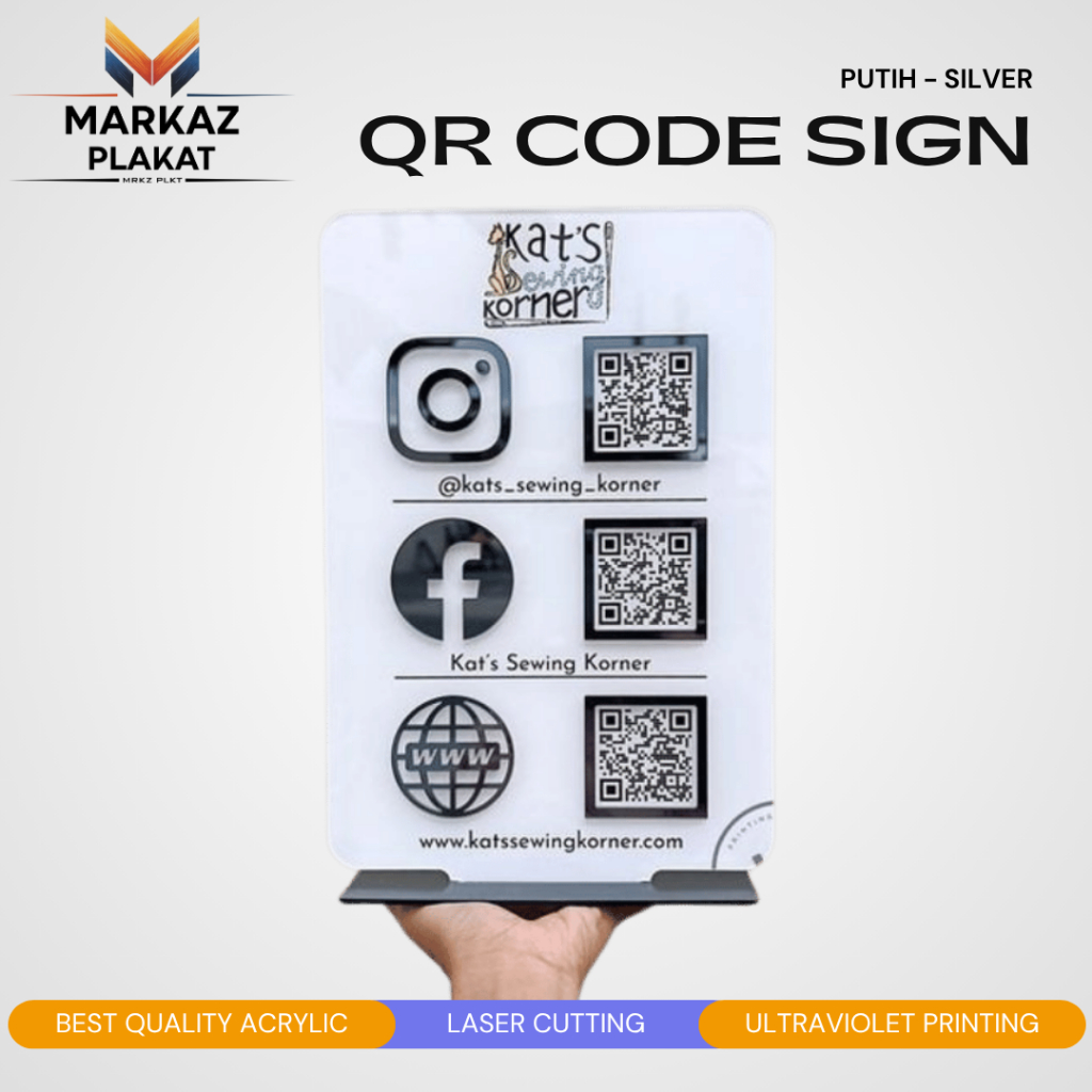 Jual Akrilik QR Code Sign PUTIH - SILVER / Social Media Business Sign ...