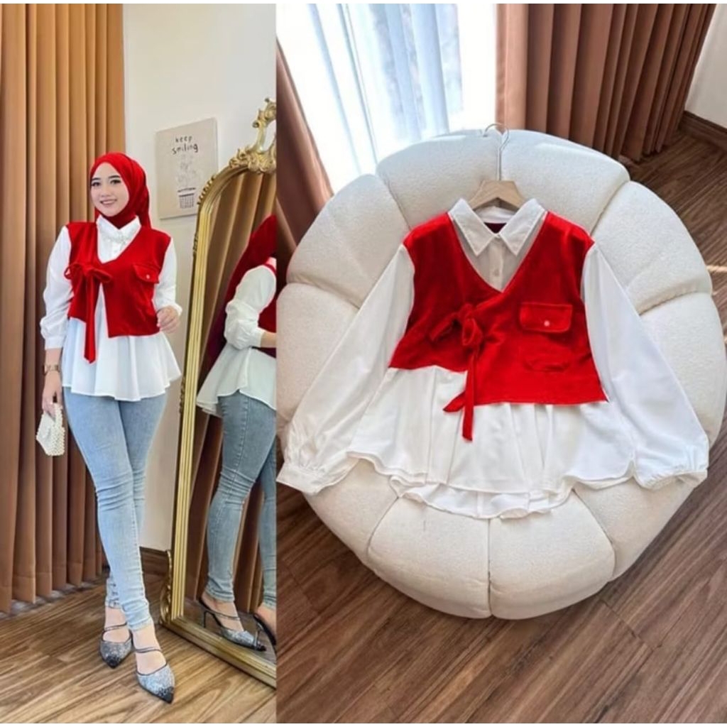 Jual TANIA BLOUSE MERAH PUTIH / ATASAN KEMEJA MERAH PUTIH | Shopee ...