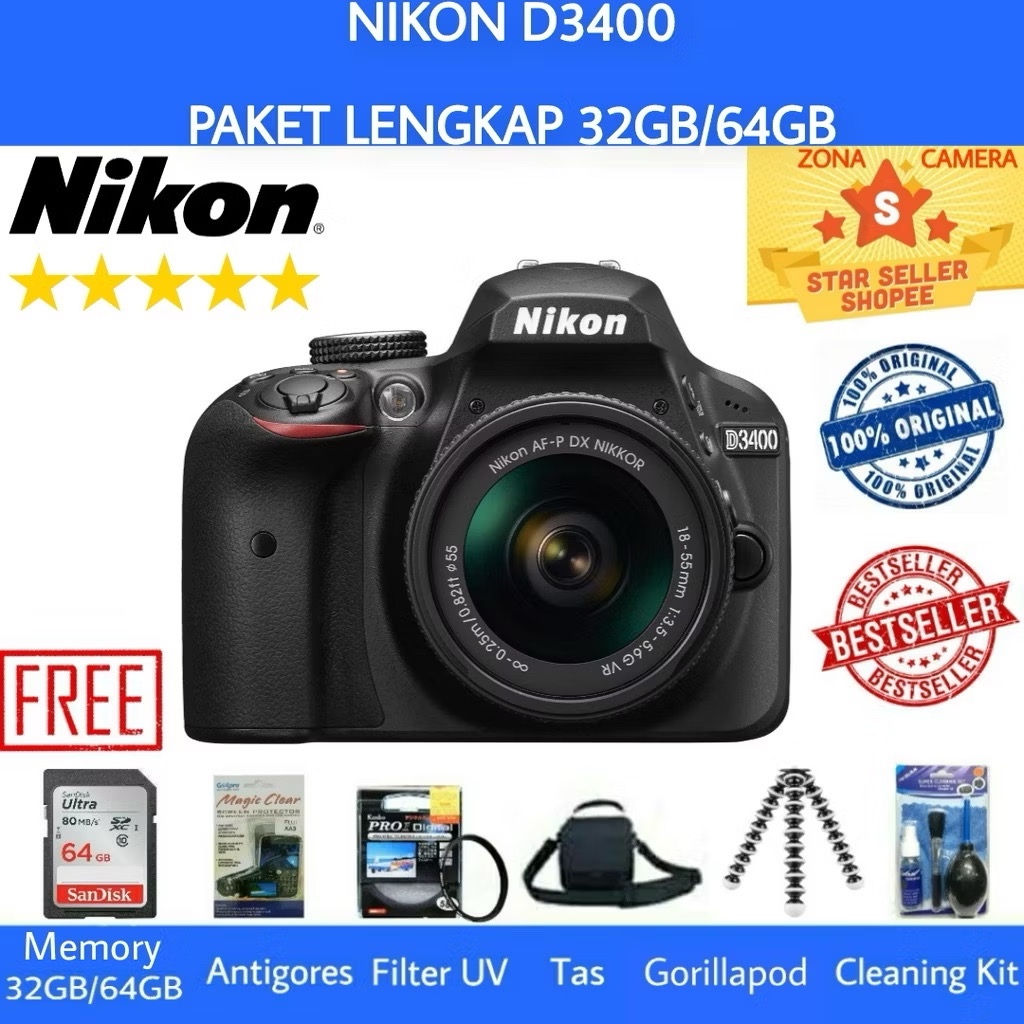 Jual NIKON D3400 KIT 18-55MM ORIGINAL - PAKET LENGKAP | Shopee Indonesia