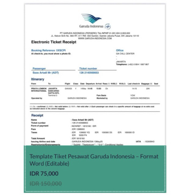 Jual Template Tiket Pesawat Garuda Indonesia – Format Word (Editable ...