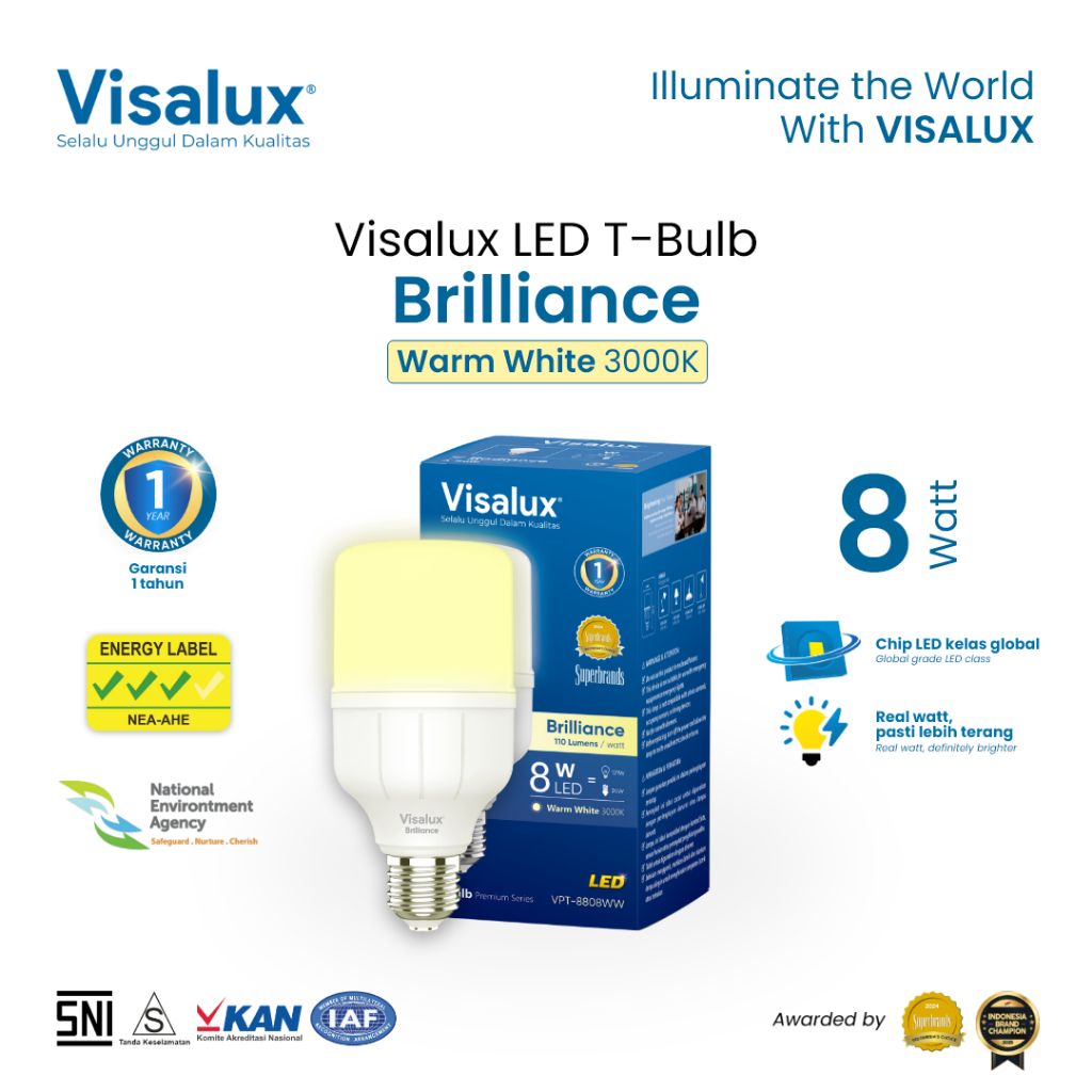 Jual Visalux Lampu LED T-Bulb Brilliance 3000K WarmWhite Kuning 8W (BRI ...