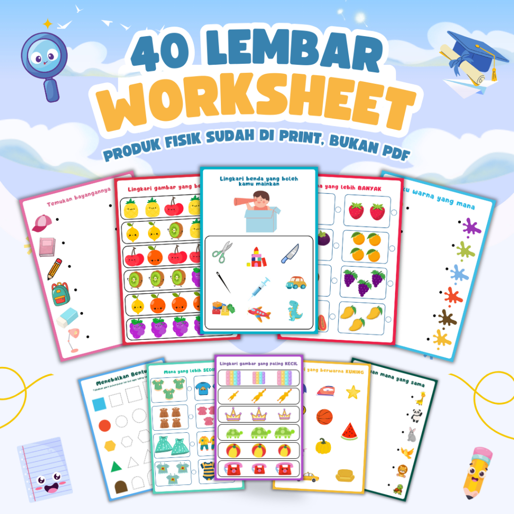 Jual Worksheet - 40 Lembar Kerja Berwarna untuk Anak Paud TK SD > BUKAN PDF