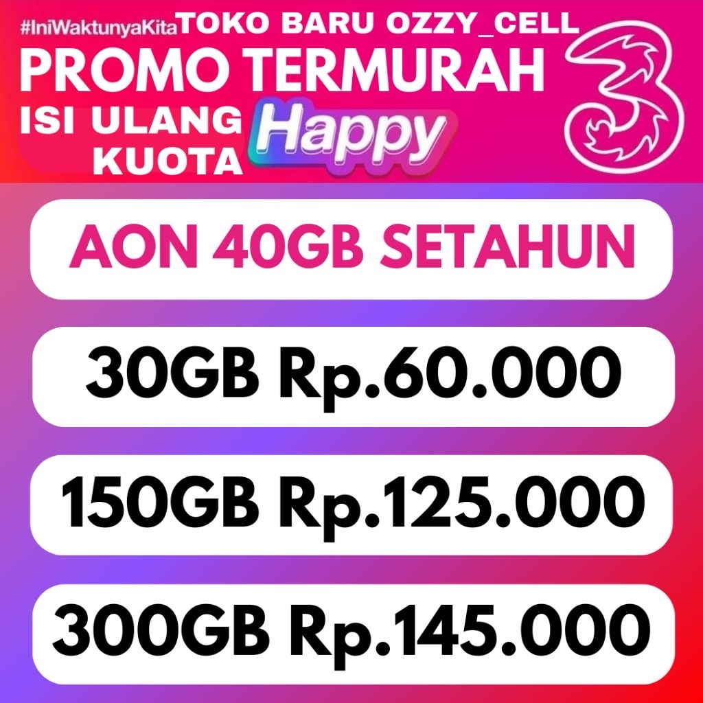 Jual PROMO TERMURAH ISI ULANG KUOTA TRI AON 40GB AKTIF SETAHUN THREE ...