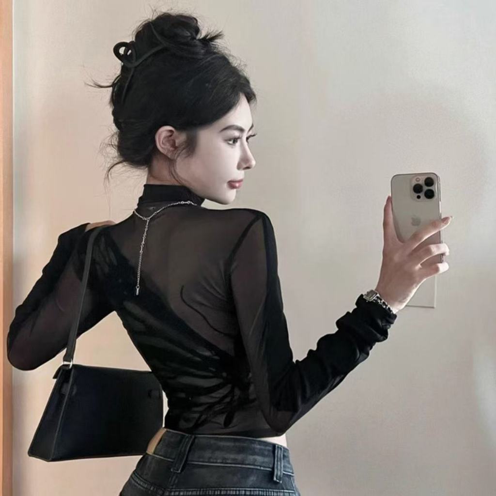 Jual Women's Goth Elegant Backless Mesh Sheer Butterfly Long sleeve Top ...