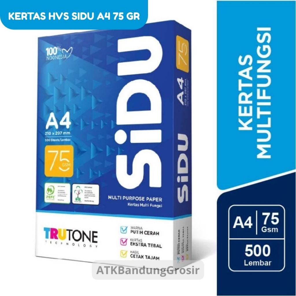 Jual Kertas HVS SIDU Multifungsi 500 Sheet A3 / A4 / F4 Kertas Print Fotokopi 75 & 80 Gram 500 ...