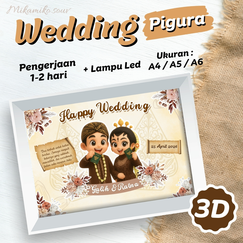 Jual Pigura Wedding 3D Custom + Lampu LED Kado Pernikahan Unik Frame A4 ...