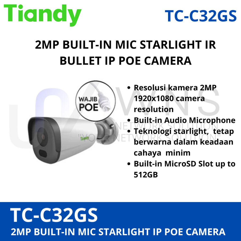 Jual IPCCTV OUTDOOR TIANDY TC-C32GS 2MP BUILT-IN MIC STARLIGHT IR ...