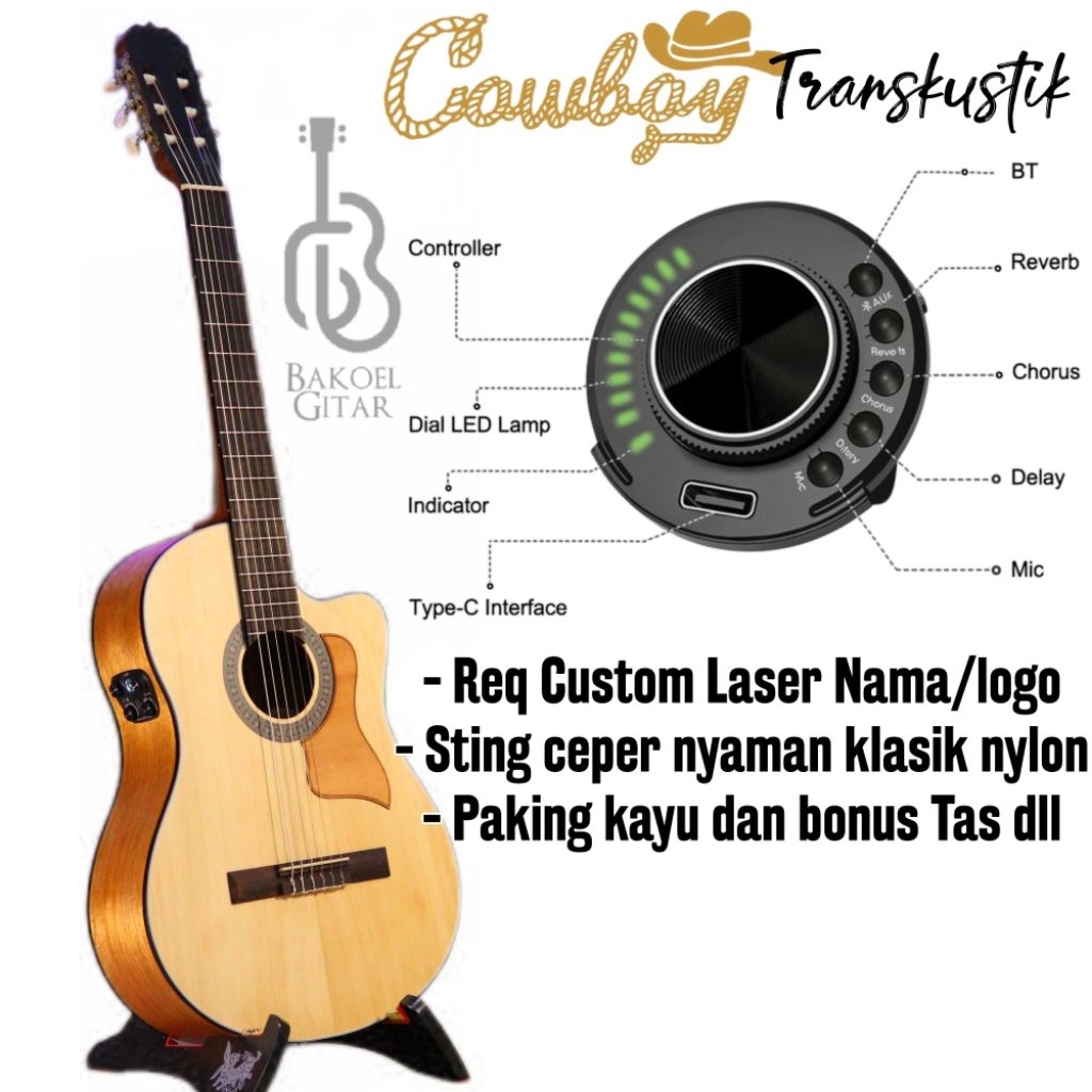 Jual Gitar Cowboy CGC100NA transkustik klasik nylon Cutway banyak bonus ...