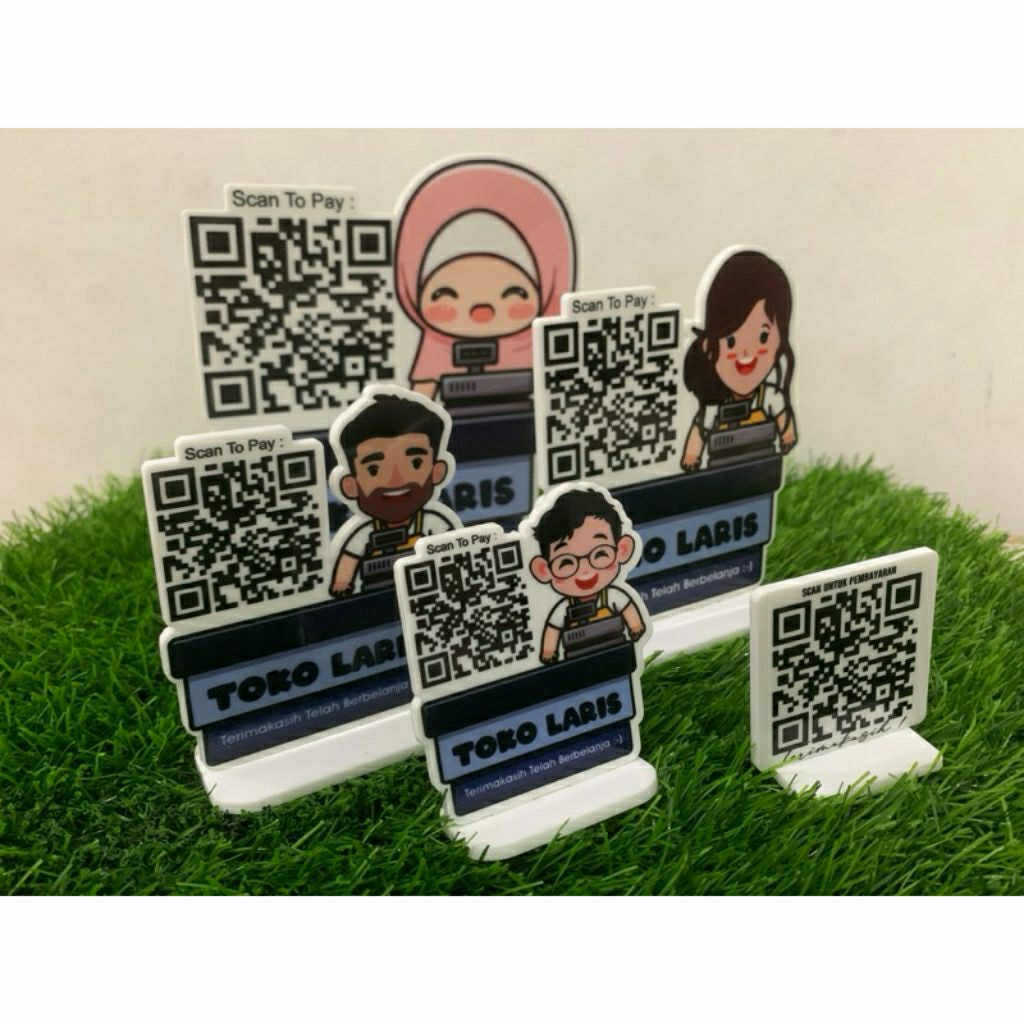 Jual Stand Qris Karakter Custom Nama Toko Cetak Barcode / Standee ...