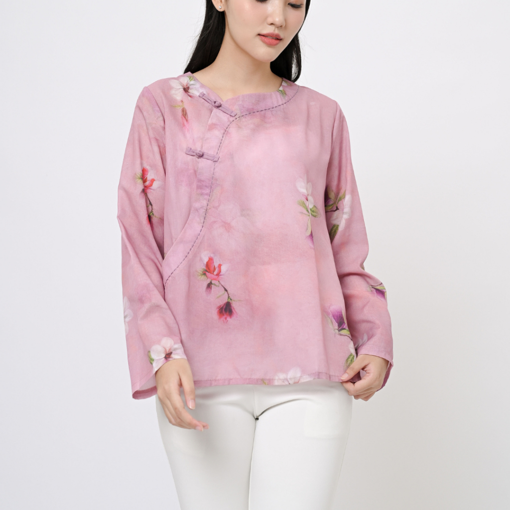 Jual Camelia Soft Pink Ramie Blouse – Atasan Cheongsam Modern Motif ...