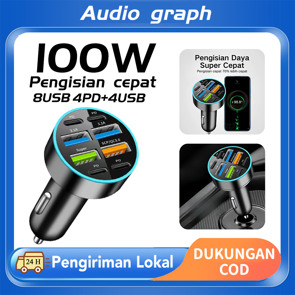 Jual Car Charger Universal Charger Mobil 4PD+4USB 100W Mendukung QC 3.0 ...