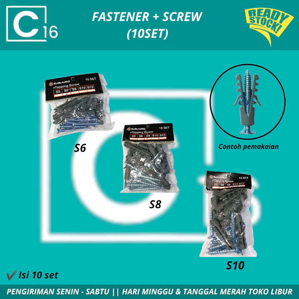 Jual Paku Dinding Baut Dinding Isi 10 Pcs+Sekrup Ukuran S6 S8 S10 Fischer + Skrup 10 SET ...