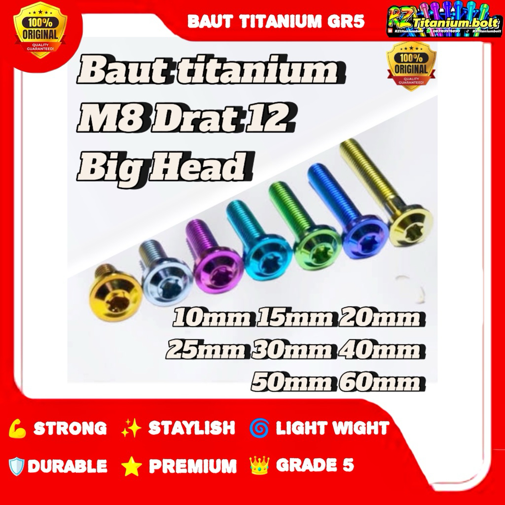 Jual Baut Titanium M8 Drat 12 Panjang 10mm 15mm 20mm 25mm 30mm 35mm ...