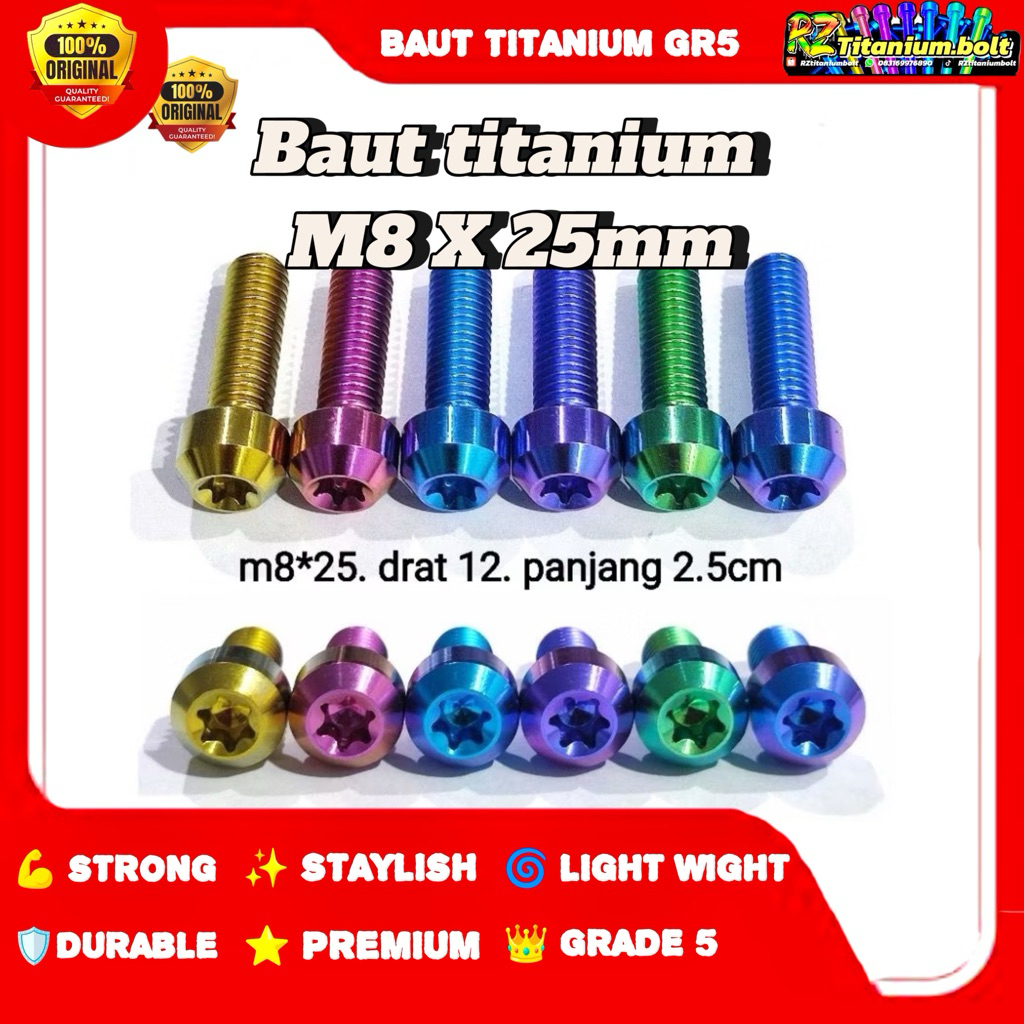 Jual Baut Titanium M8 X 25mm Drat 12 Panjang 2.5cm 25 Small head Pilar ...