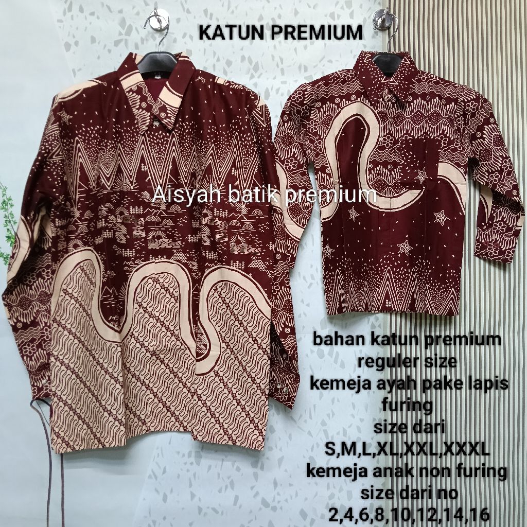 Jual Batik merah marun gelombang, Batik couple ayah dan anak lengan ...