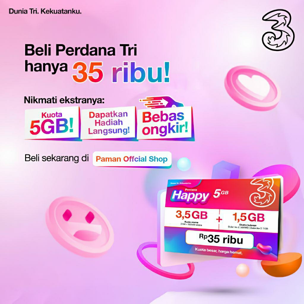Jual Kartu Perdana Tri Happy 5GB Kuota Nasional | Shopee Indonesia