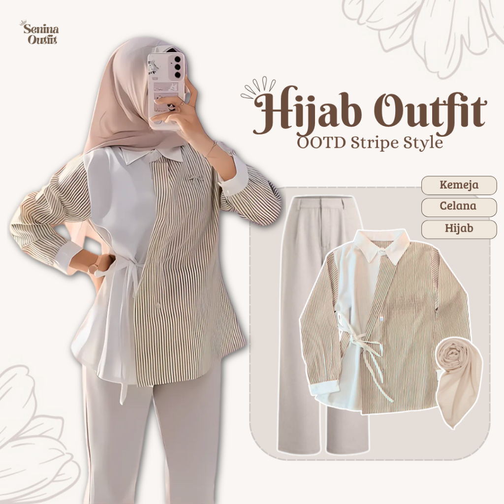 Jual Setelan One Set Hijab Style ( Kemeja Salur + Celana + Jilbab ...