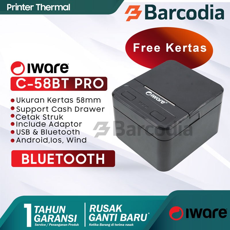 Jual BARCODIA PRINTER THERMAL PRINTER BLUETOOTH IWARE C58BT PRO 58mm ...