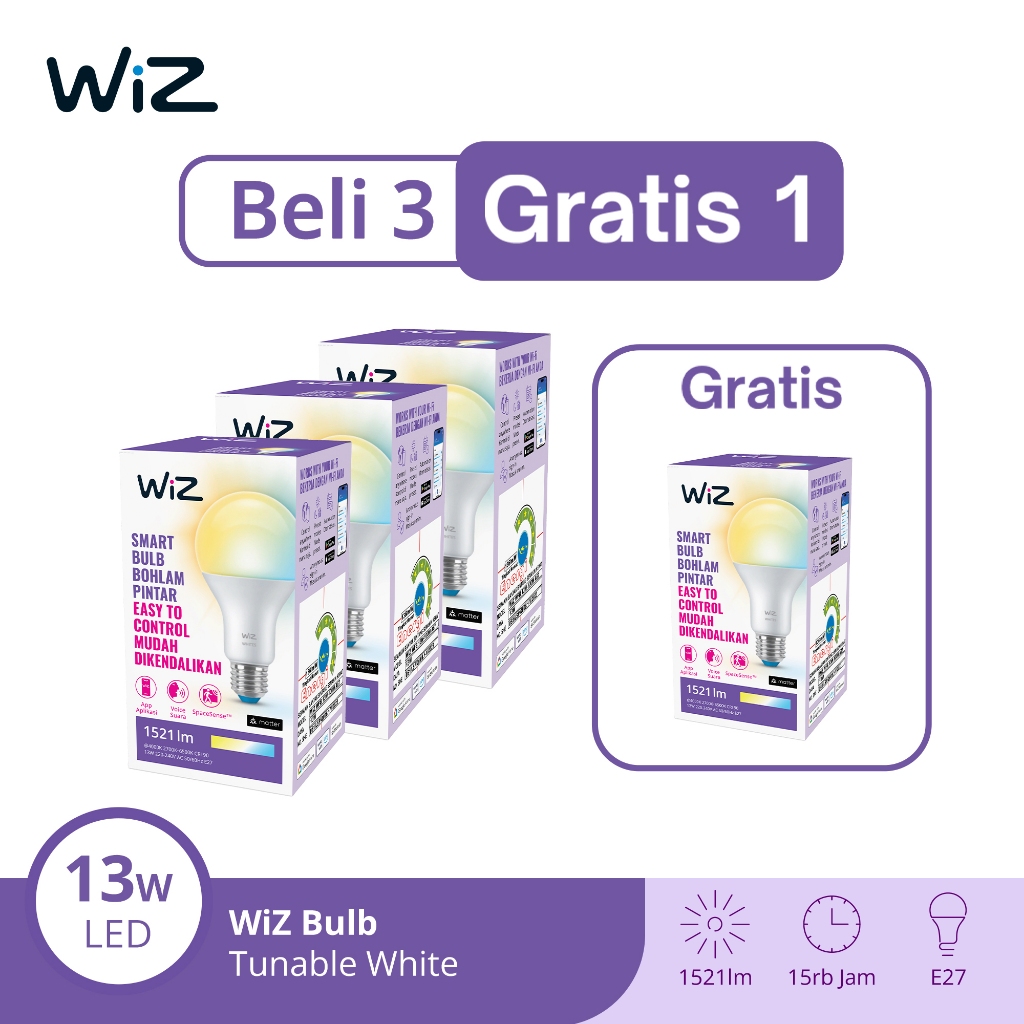 Jual WiZ Paket Lampu Smart LED 13W WiFi Smart Bulb TW Beli 3 Gratis 1 - Lampu Tidur Anak ...