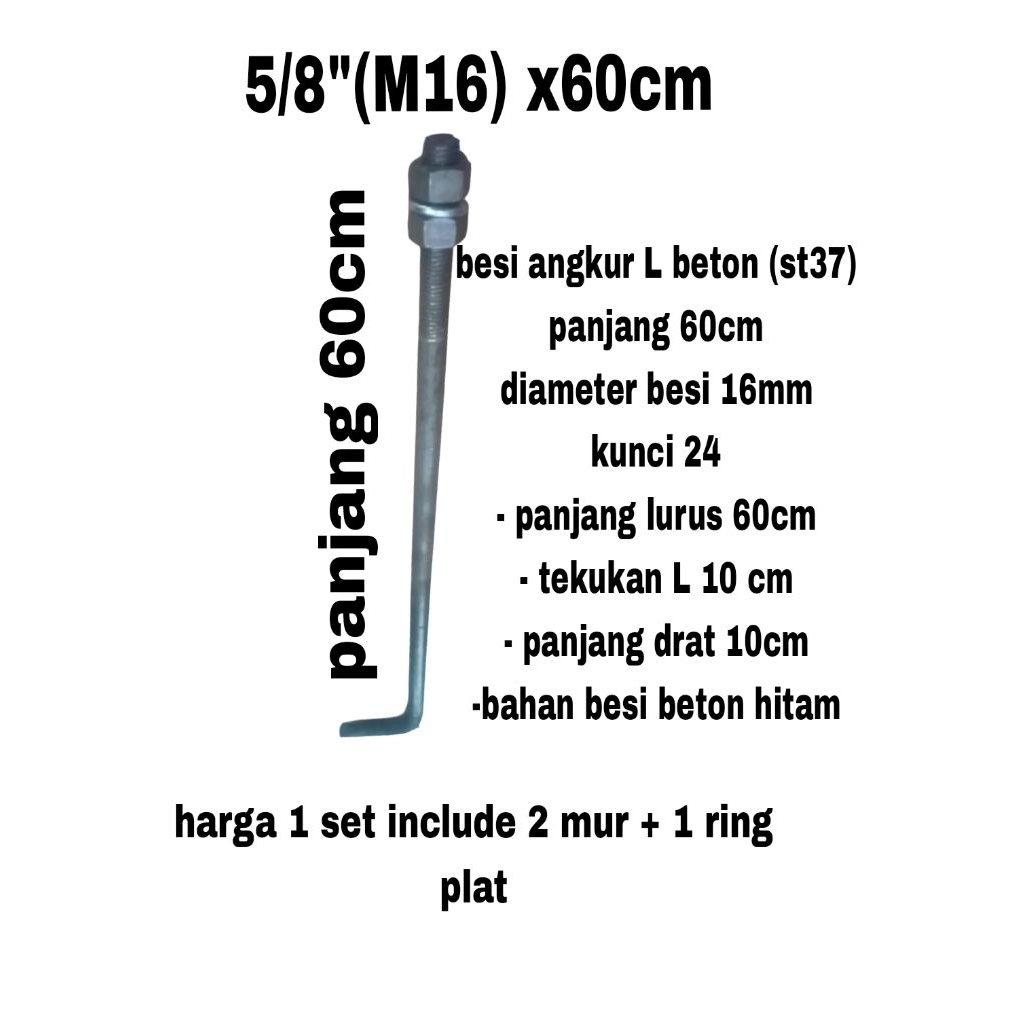 Jual besi angkur hitam L16mm x 60cm/ 5/8" x 60 cm per batang (2mur + 1 ...