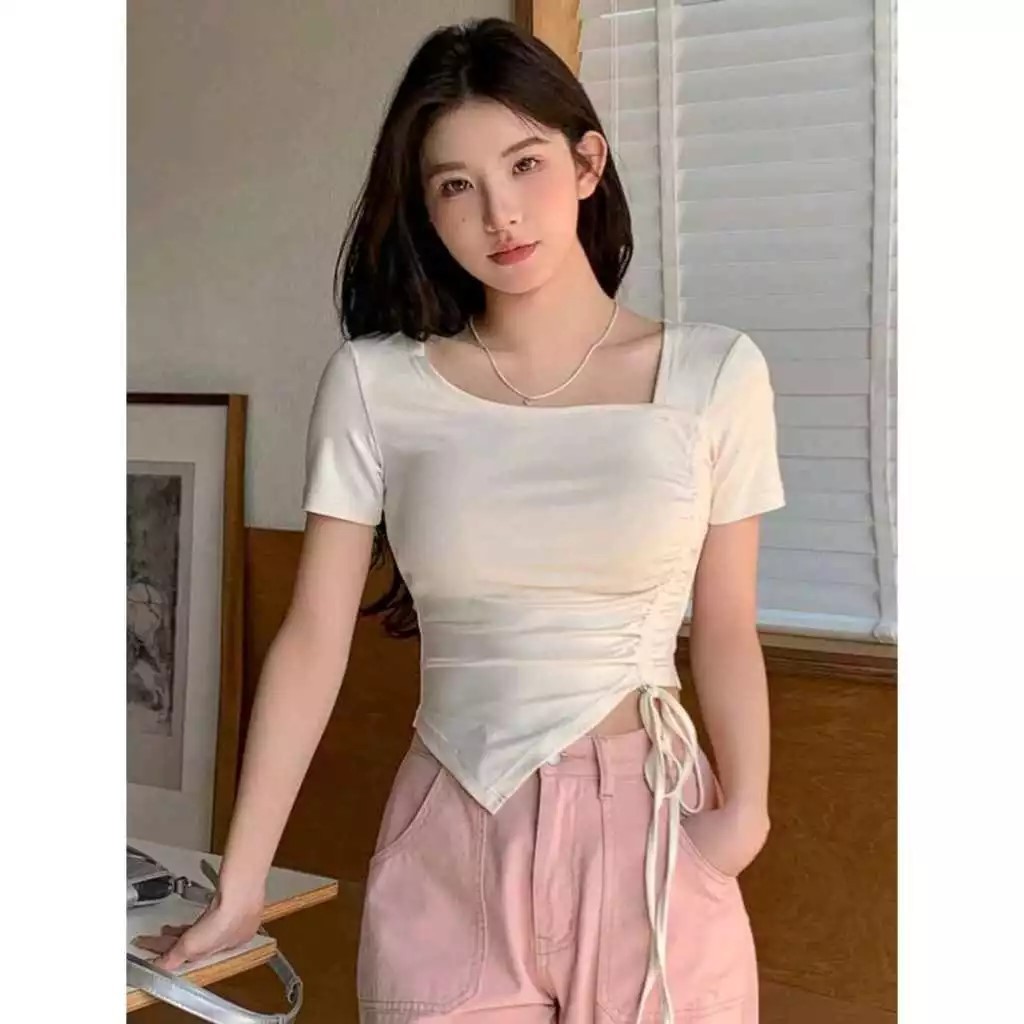 Jual Crop Top Square Neck Tali Serut Samping Lengan Pendek - Kaos ...