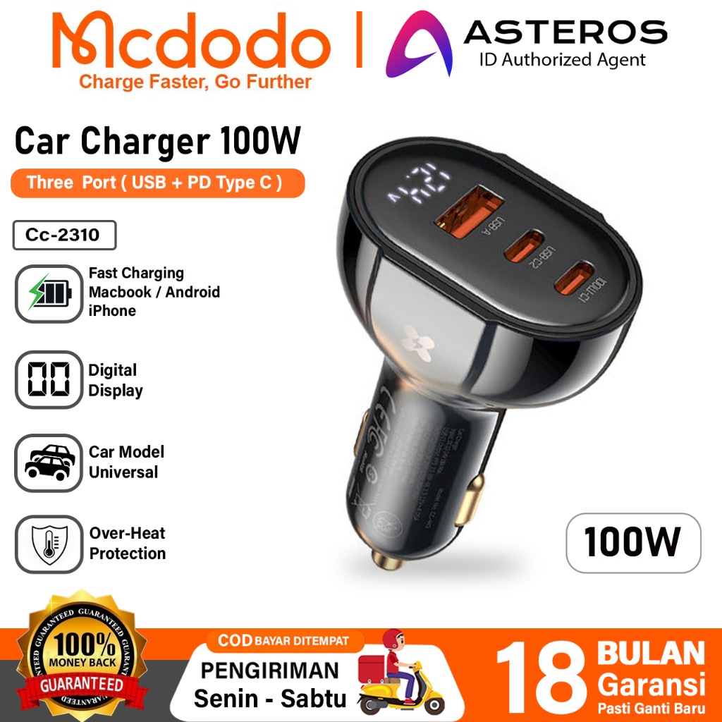 Jual MCDODO Car Charger Multi Port Fast Charging 100w Type C + USB QC 3 ...